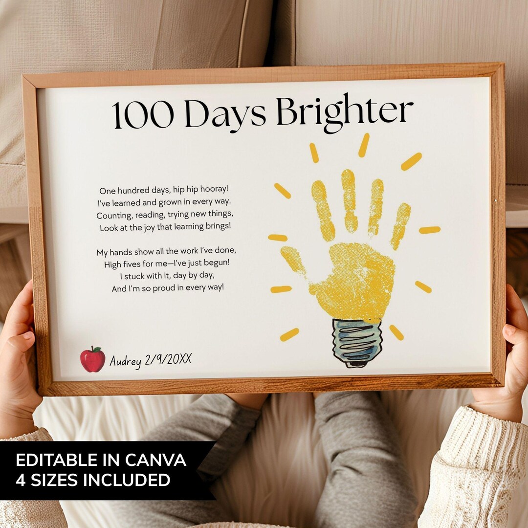100 Days Brighter Handprint Art Poem, 100th Day of School Activity ...
