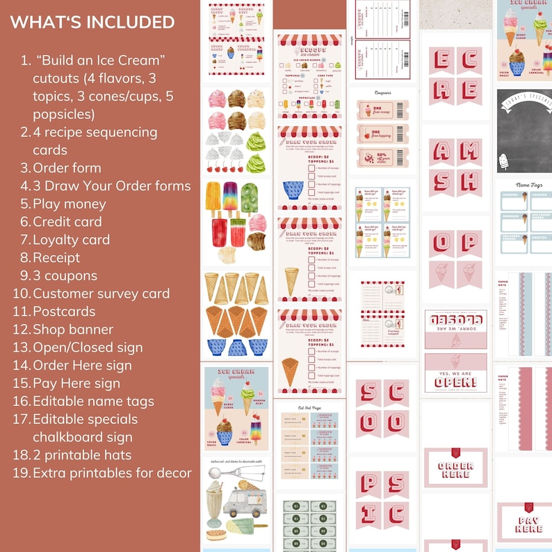 Ice Cream Shop Dramatic Play Printable, Restaurant Pretend Play Gift ...
