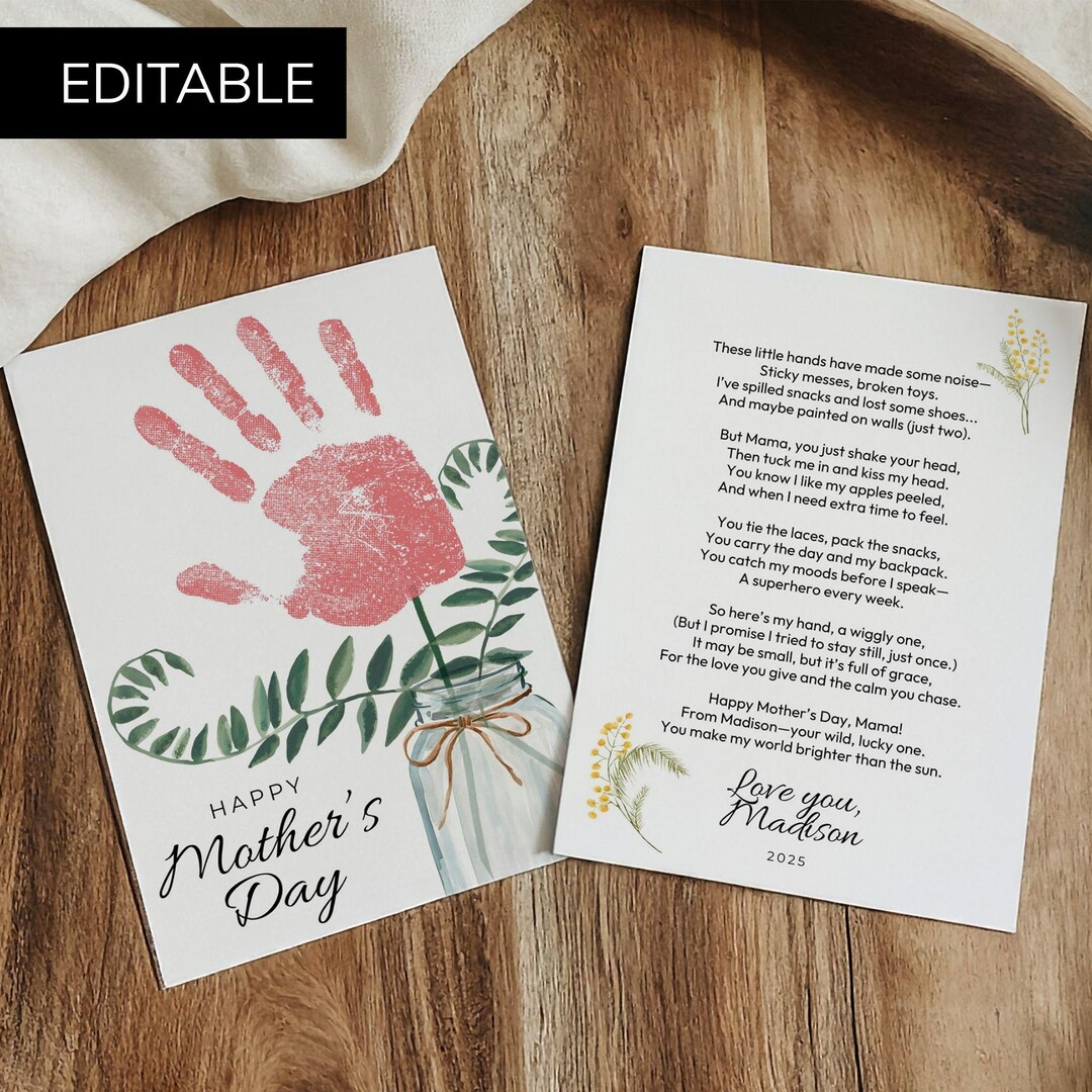 Mothers Day Handprint Card Template, Editable Handprint Flower Poem ...