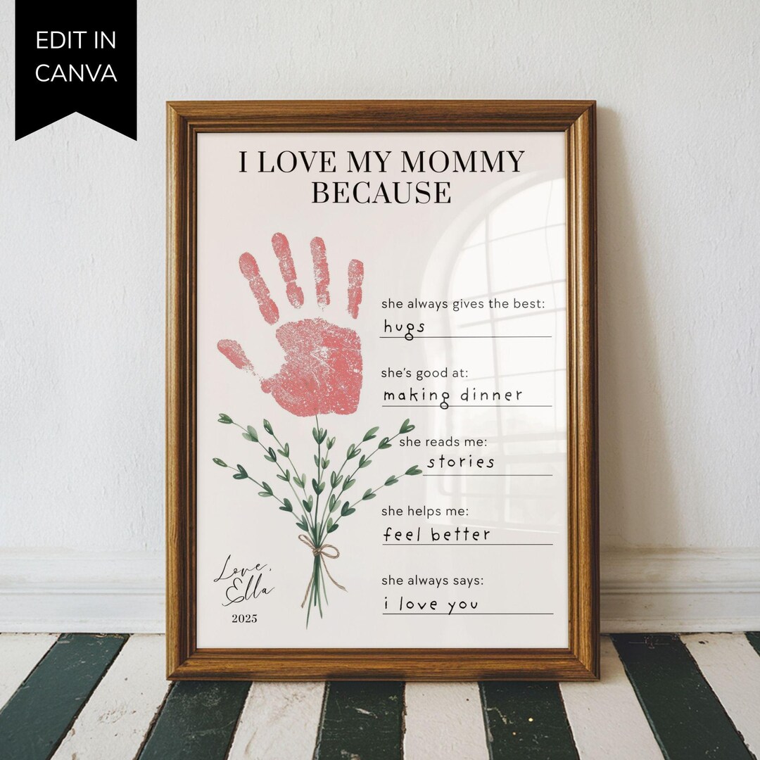 Mothers Day Handprint I Love My Mom Because Printable, Last Minute Gift ...
