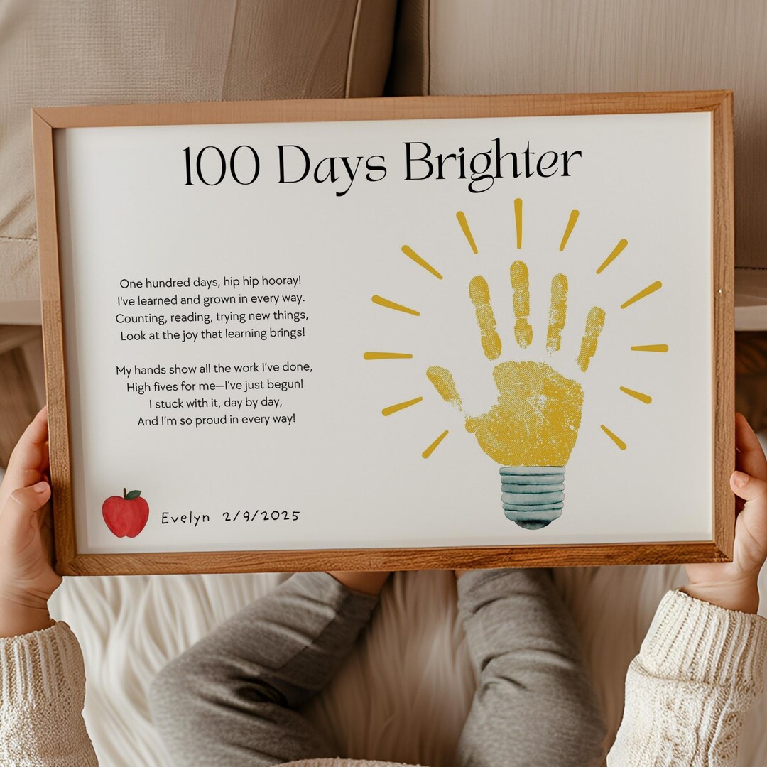 100 Days Brighter Handprint Art Poem, 100th Day of School Activity ...