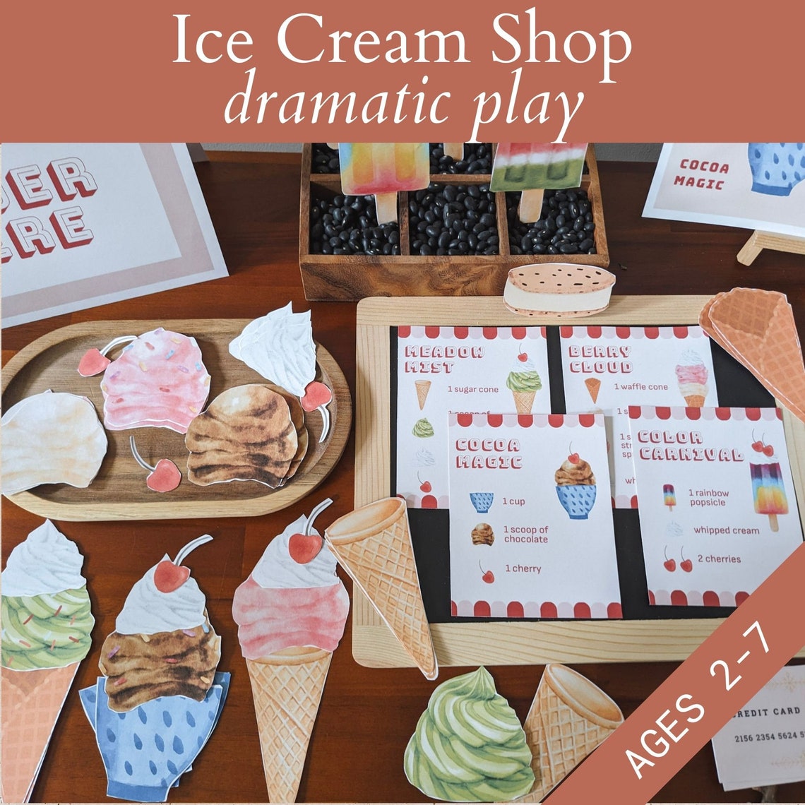 Ice Cream Shop Dramatic Play Printable, Restaurant Pretend Play Gift ...