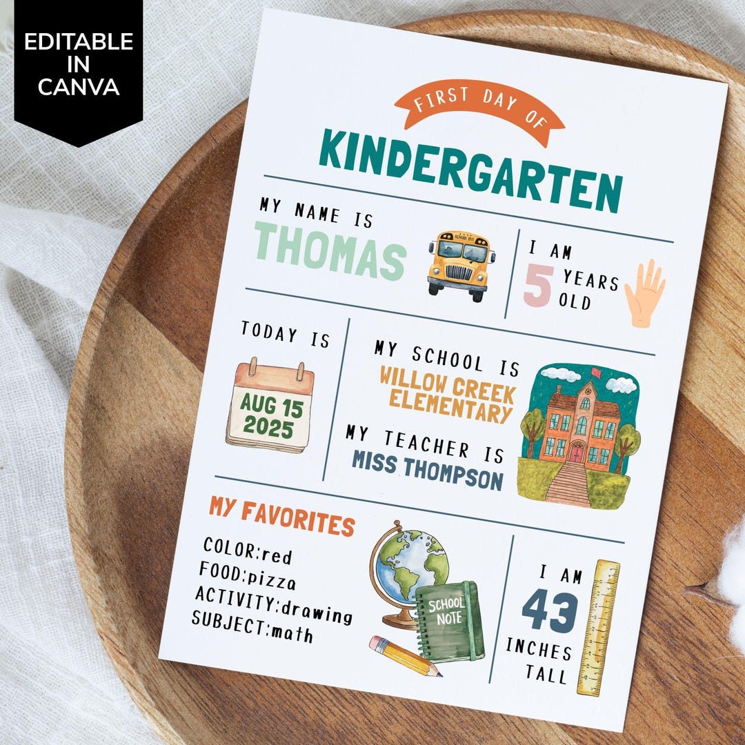 First Day of Kindergarten Sign Digital Download, Editable Back to ...
