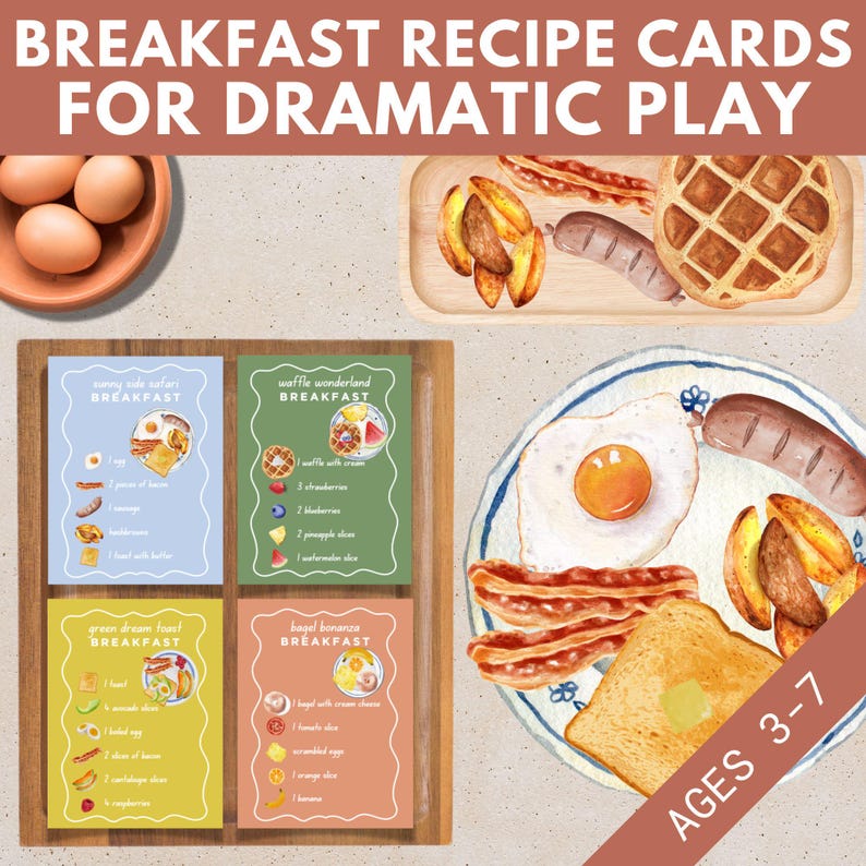 Breakfast Menu for Kids, Cooking Pretend Play Menu, Visual Recipe Card ...