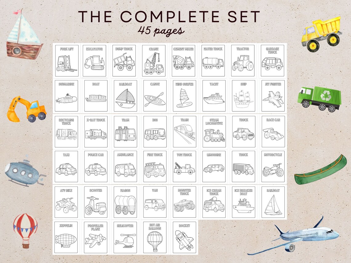 Vehicle Coloring Book PDF Easy Truck, Cars, Construction Coloring Pages ...