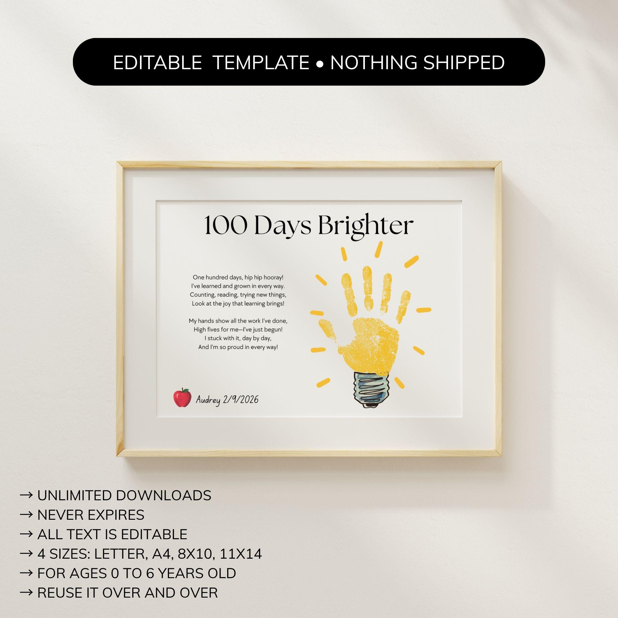 100 Days Brighter Handprint Art Poem, 100th Day of School Activity ...