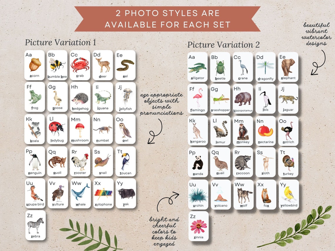 Nature Alphabet Flashcards for Kids, Watercolor ABC Cards Printable ...