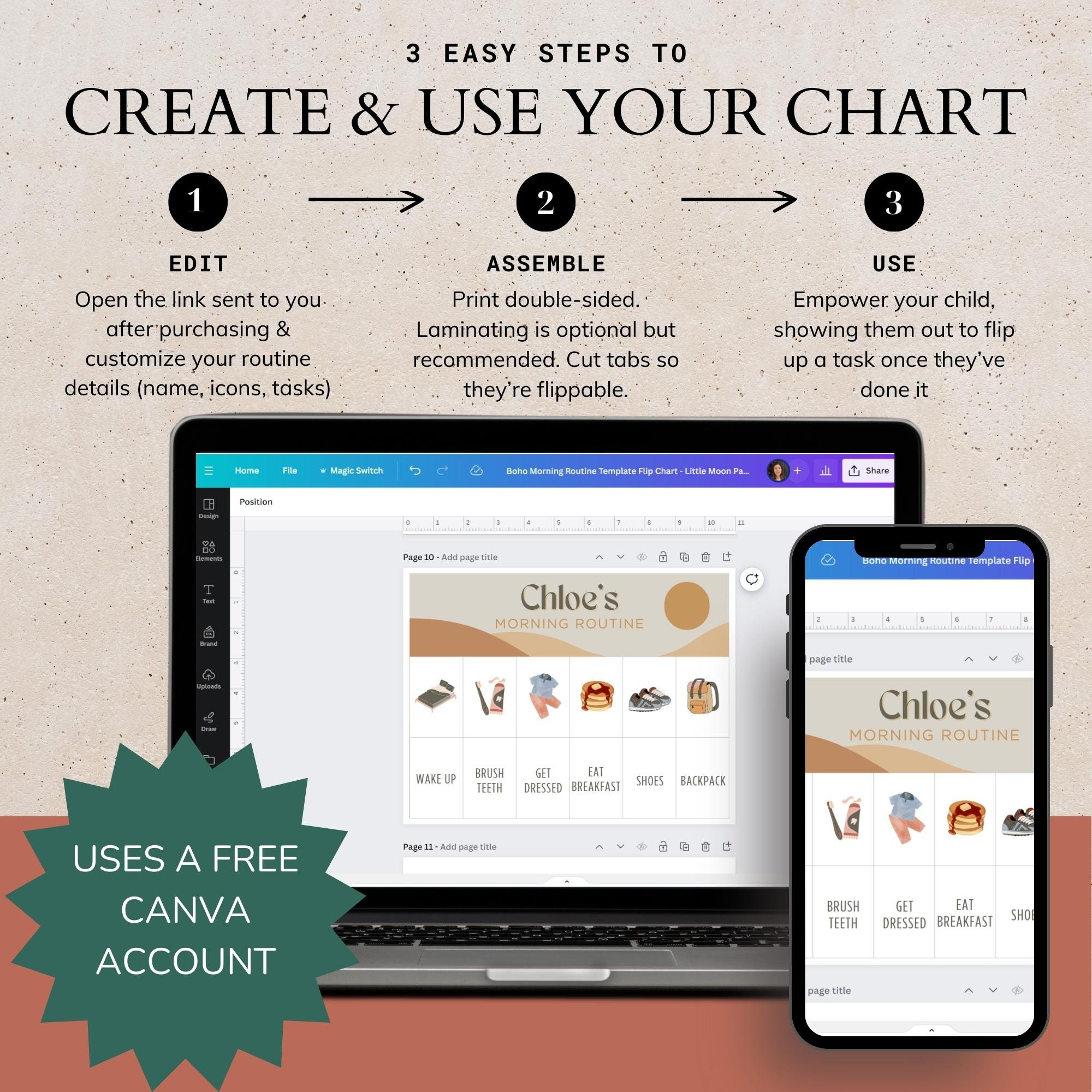 Boho Morning Routine Flip Chart for Toddler, Editable Visual Schedule ...