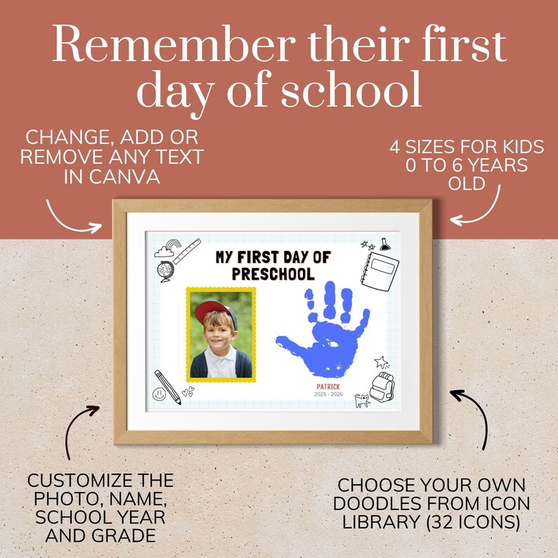 First Day of Preschool Handprint Editable, Back to School Photo Frame ...