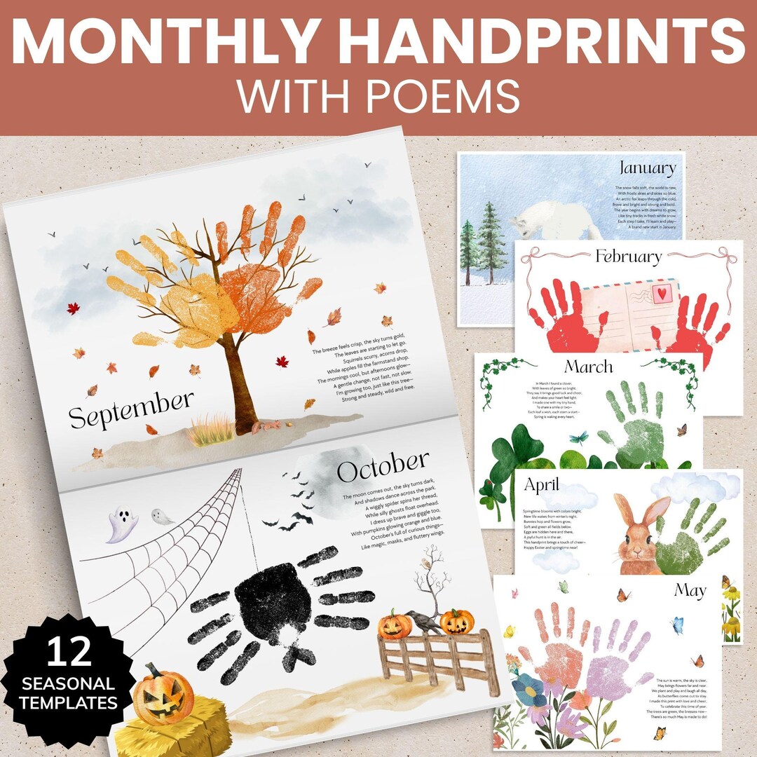Handprint Memory Book by Month, Monthly Handprint With Poems Printable ...