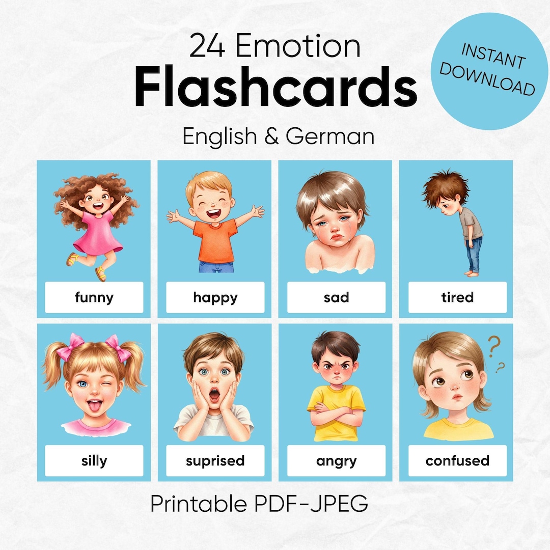 24 Emotion Flashcards Bilingual (english - German) | Feelings Cards for ...