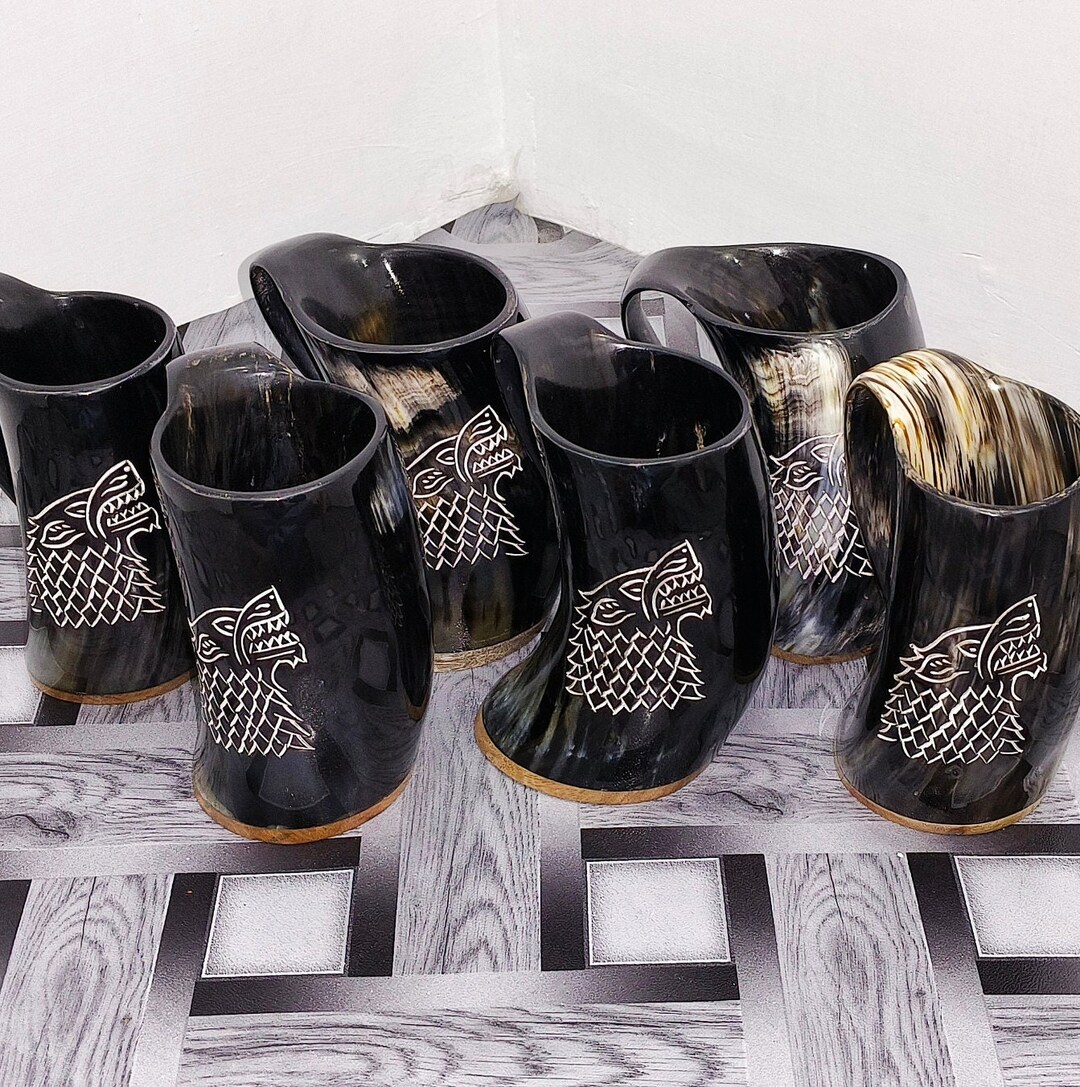 Drinking Viking Horn Mug Stark House Drinking Horn Mug Wolf Carved ...