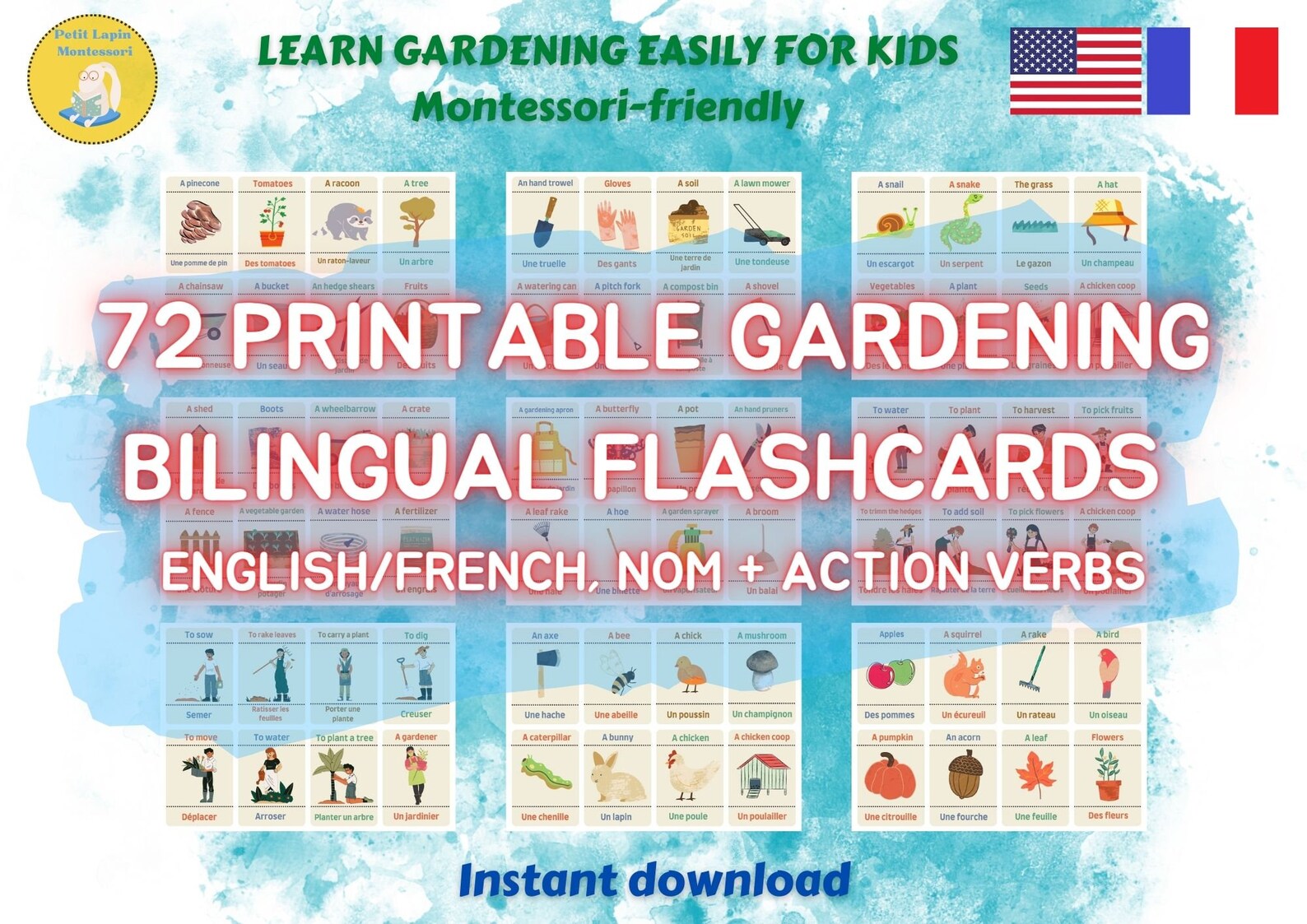 Gardening Flashcards With Action Verbs, Montessori Educational ...