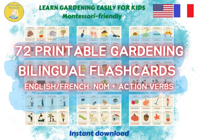 Gardening Flashcards With Action Verbs, Montessori Educational ...