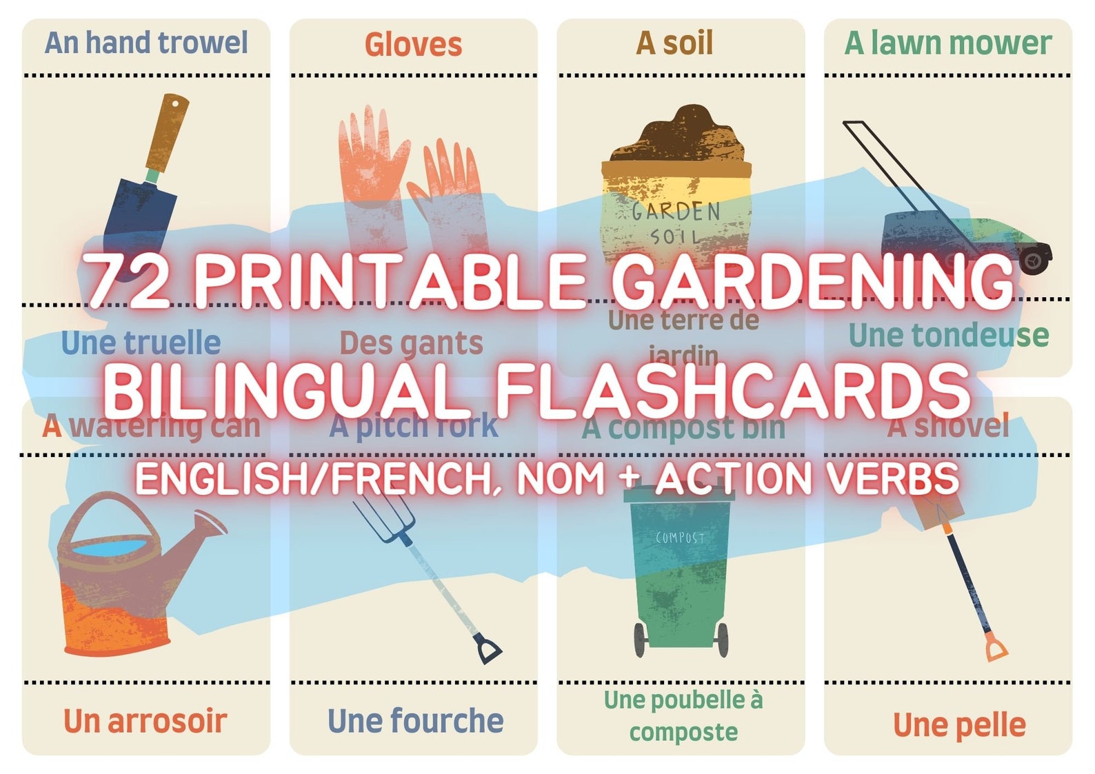 Gardening Flashcards With Action Verbs, Montessori Educational ...