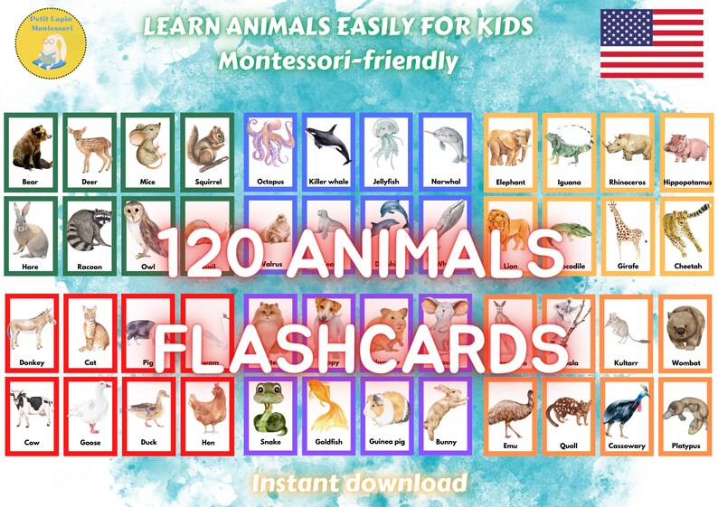 120 Animals Printable Flashcards for Children: Forest, Ocean, Farm ...