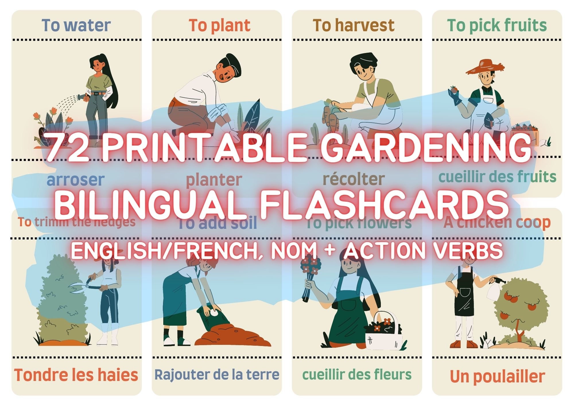 Gardening Flashcards With Action Verbs, Montessori Educational ...