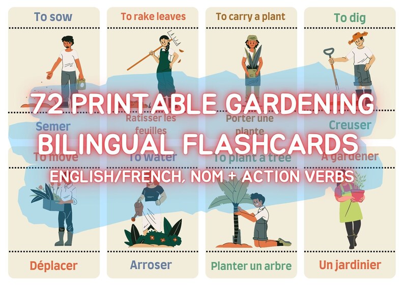 Gardening Flashcards With Action Verbs, Montessori Educational ...