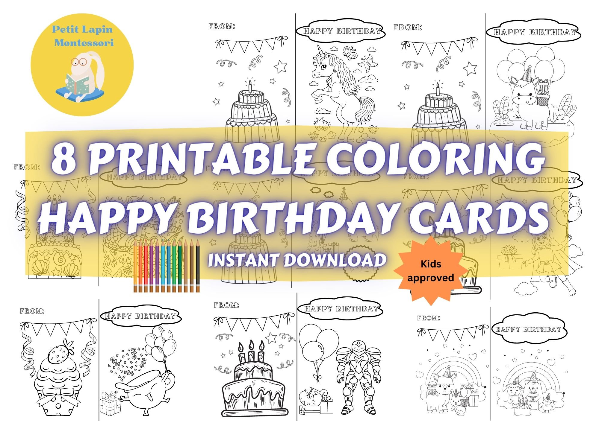 8 Printable Coloring Happy Birthday Cards: Mermaid, Unicorn, Farm ...