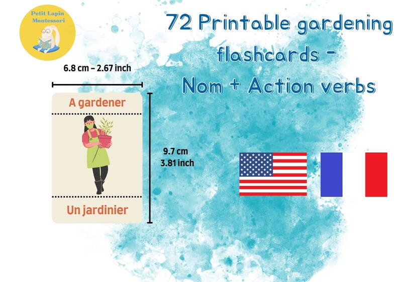 Gardening Flashcards With Action Verbs, Montessori Educational ...