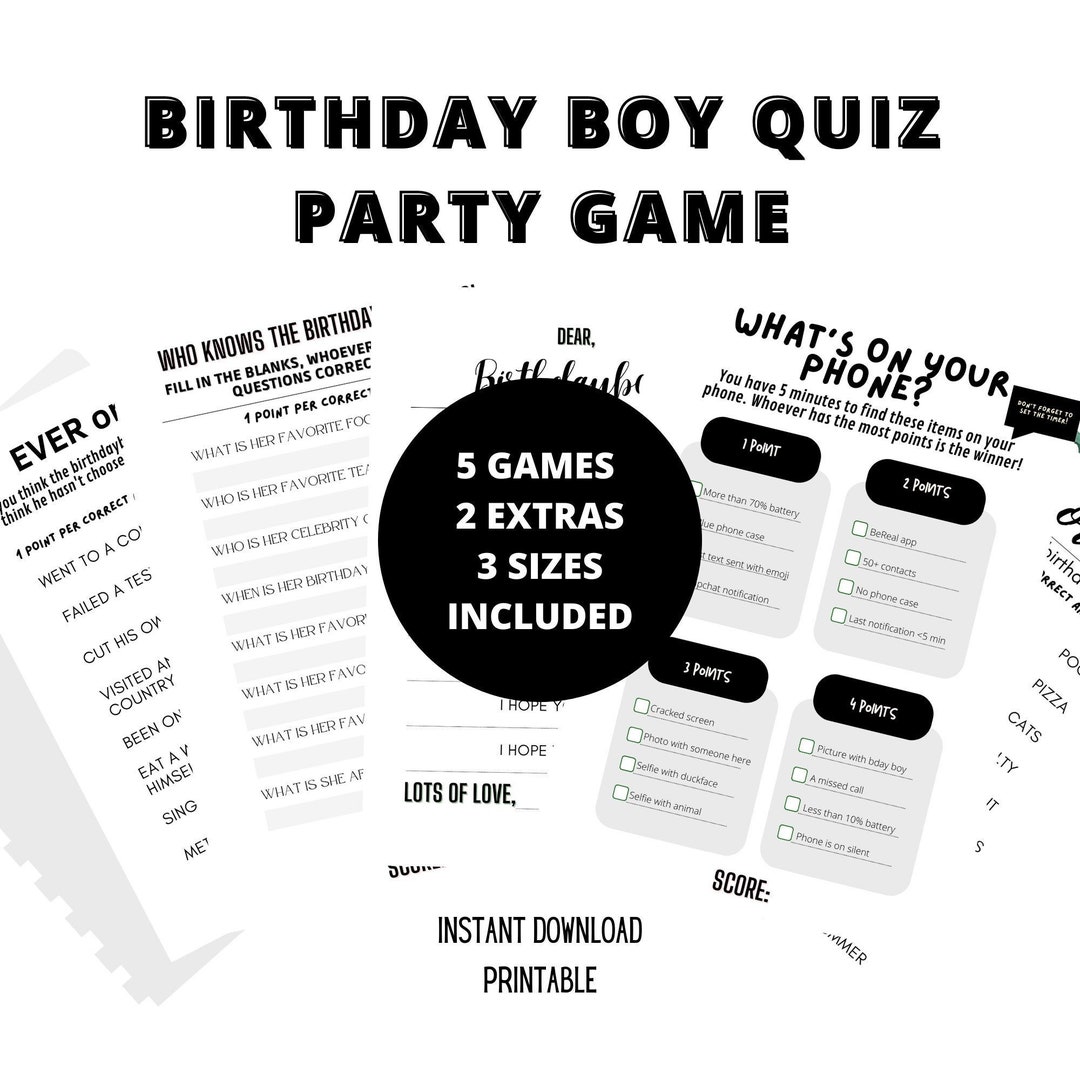 Minimalist Birthday Game Printable Birthday Boy Quiz Bundle, Party Game ...