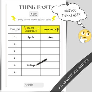 Think Fast Printable Instant Download Game for Family Night | Party ...