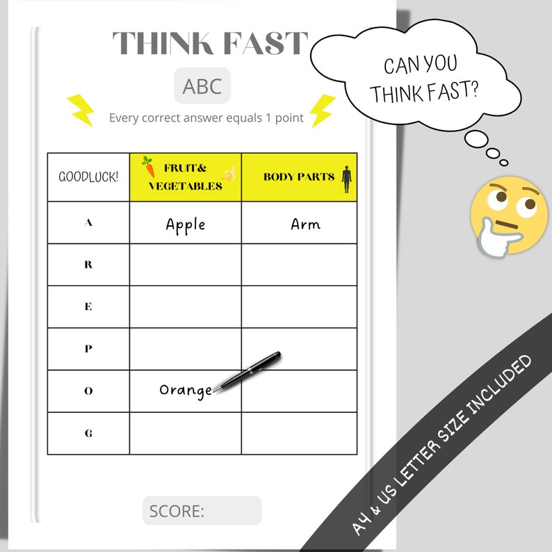 Think Fast Printable Instant Download Game for Family Night | Party ...