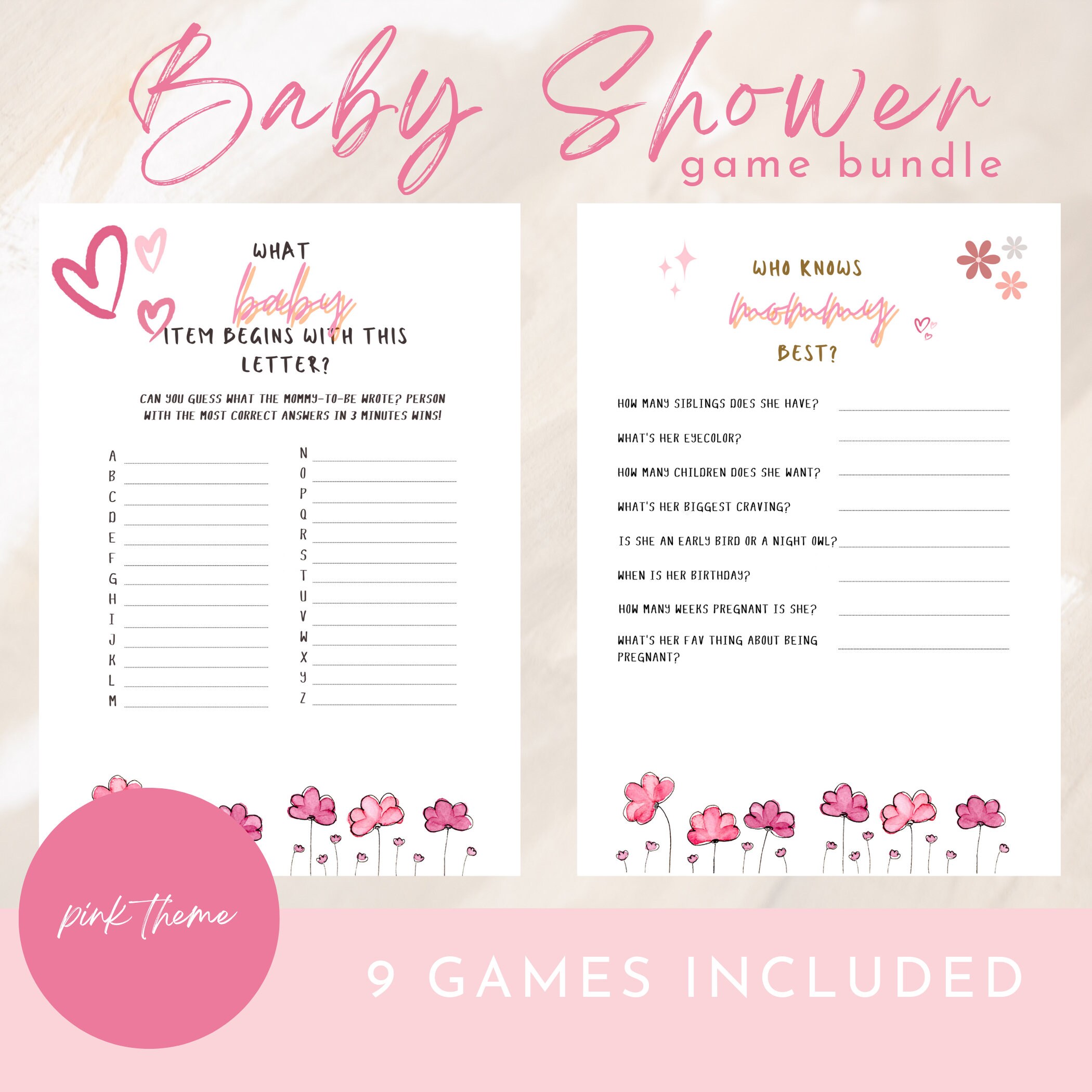 Printable Pink Girl Baby Shower Games | Baby Shower Bundle in Girly ...
