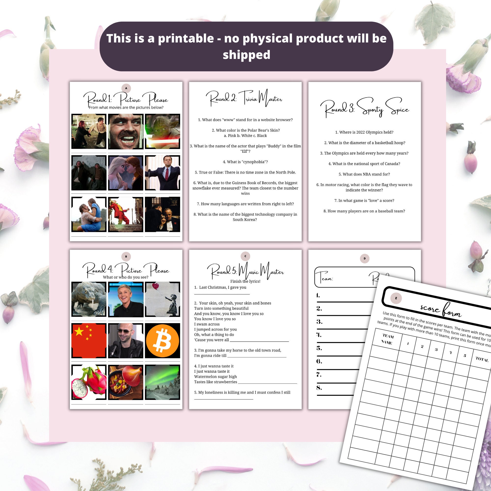 Printable Quiz for Family Game Night or Birthday Party, Instant ...