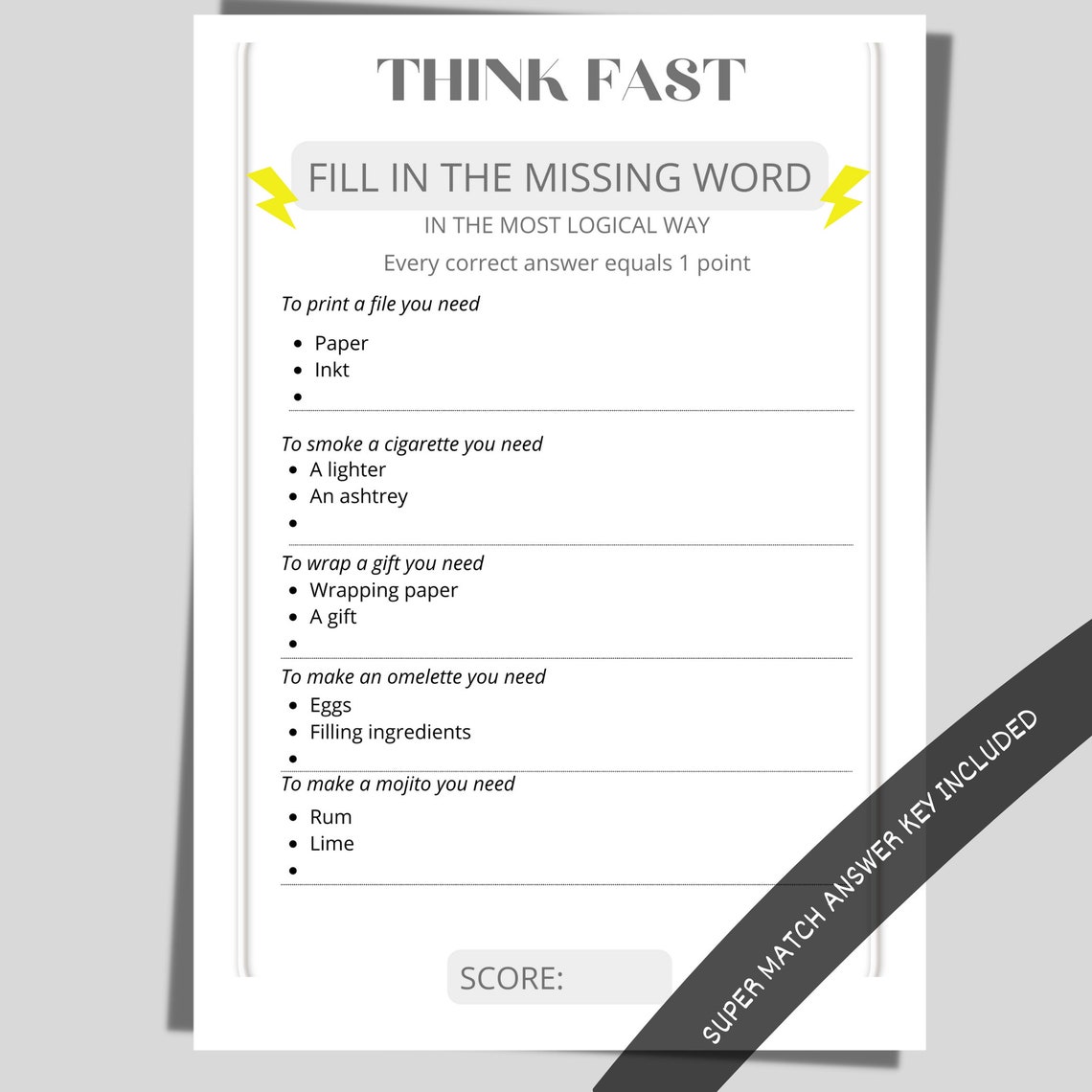 Think Fast Printable Instant Download Game for Family Night | Party ...