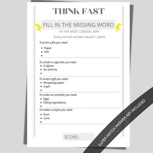 Think Fast Printable Instant Download Game for Family Night | Party ...