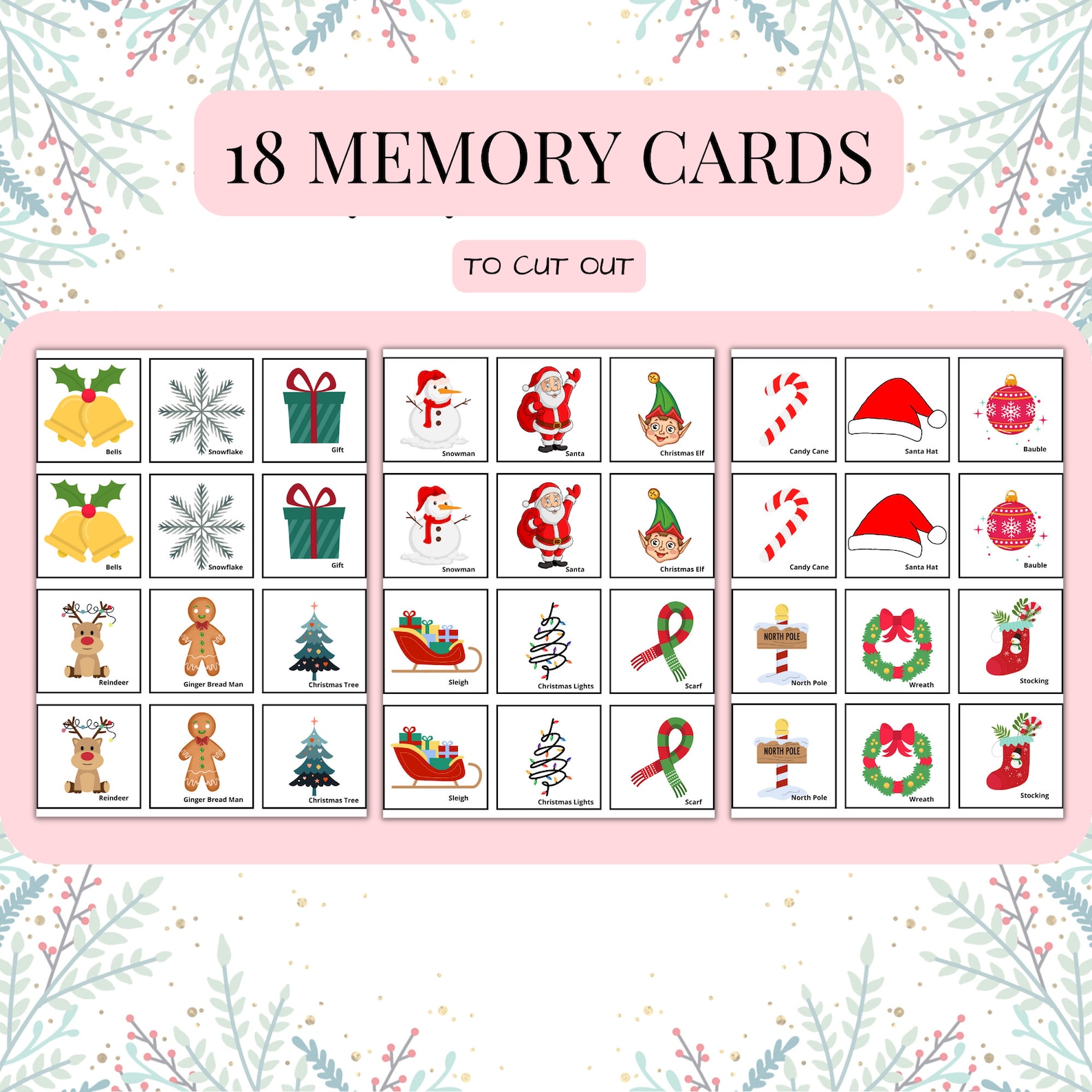 Christmas Printable Memory Game for Kids 18 Cards, Family Game, Fun ...