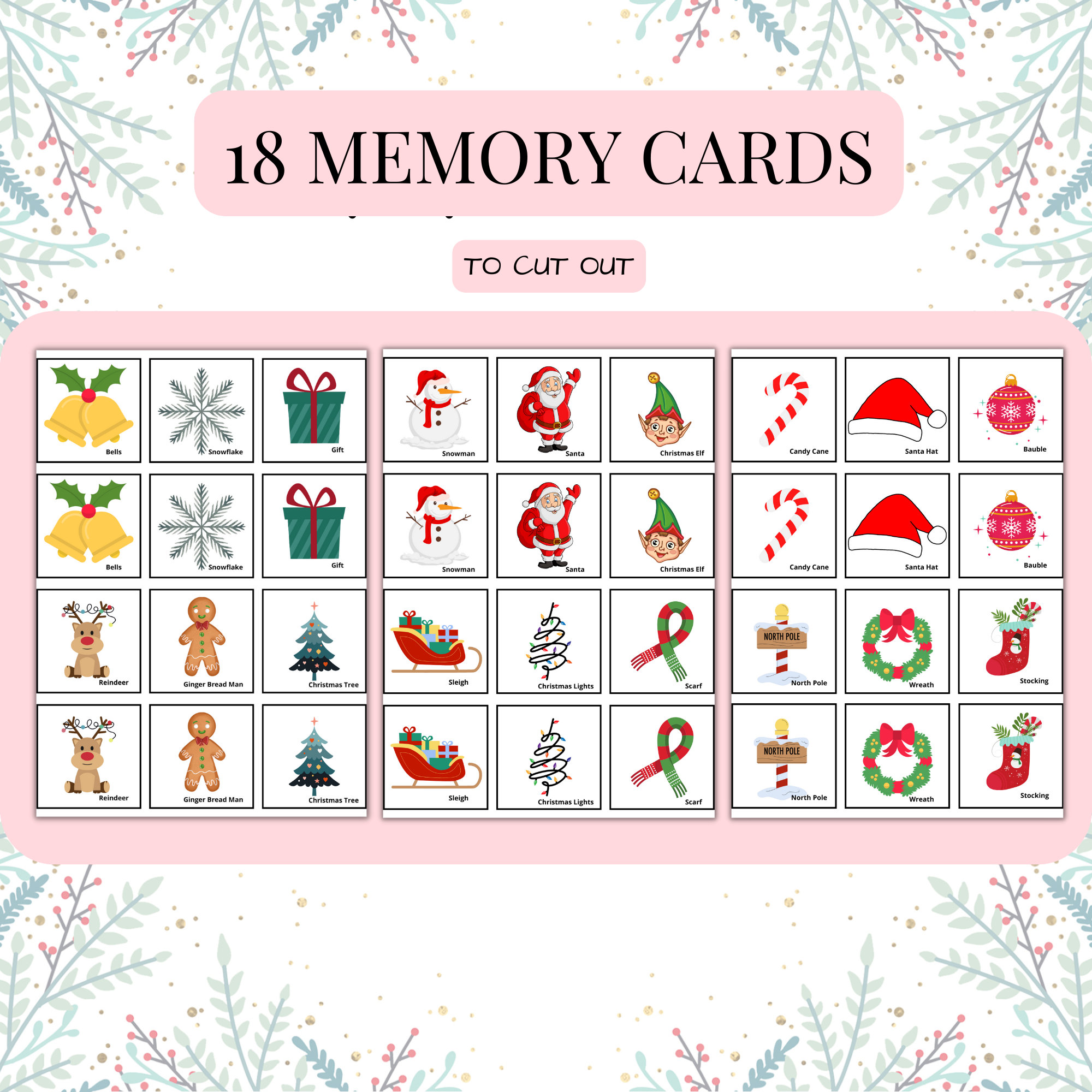 Christmas Printable Memory Game for Kids 18 Cards, Family Game, Fun ...
