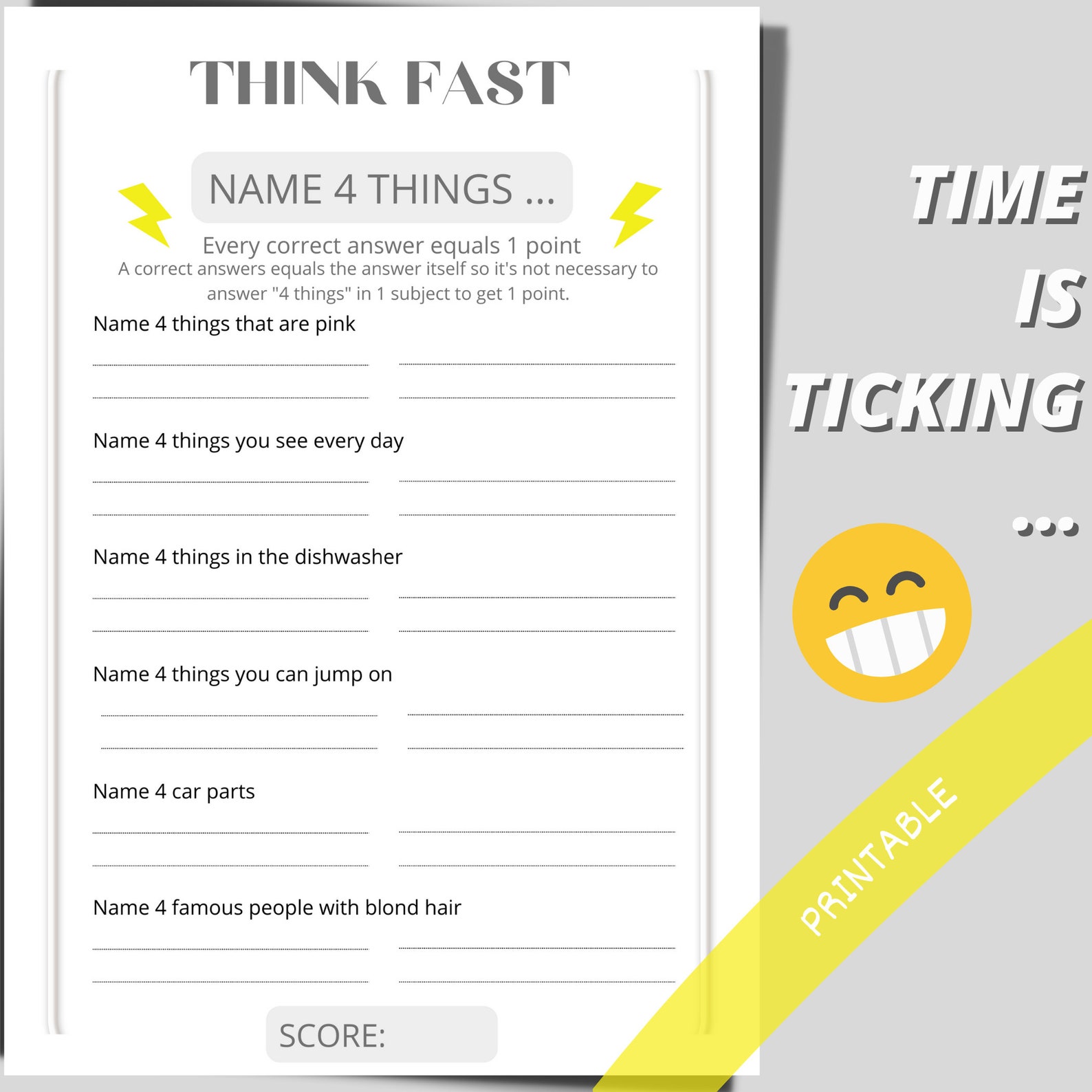 Think Fast Printable Instant Download Game for Family Night | Party ...