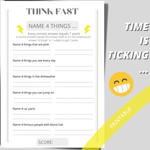 Think Fast Printable Instant Download Game for Family Night | Party ...