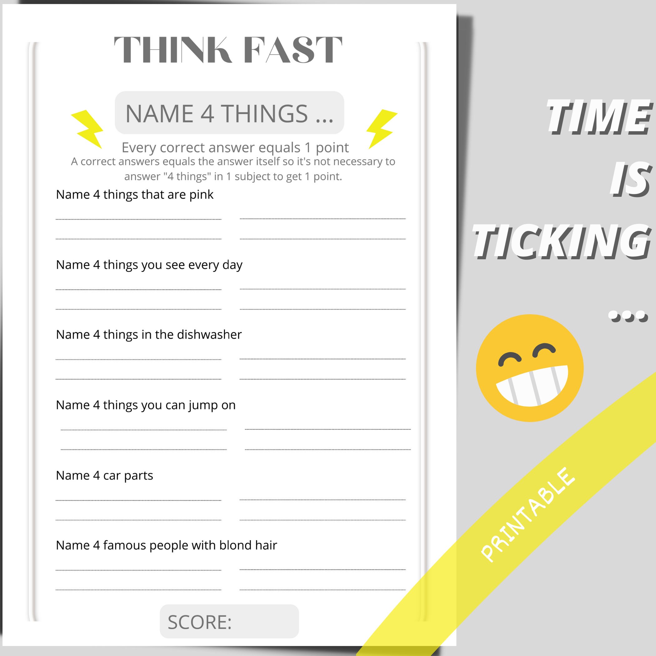 Think Fast Printable Instant Download Game for Family Night | Party ...