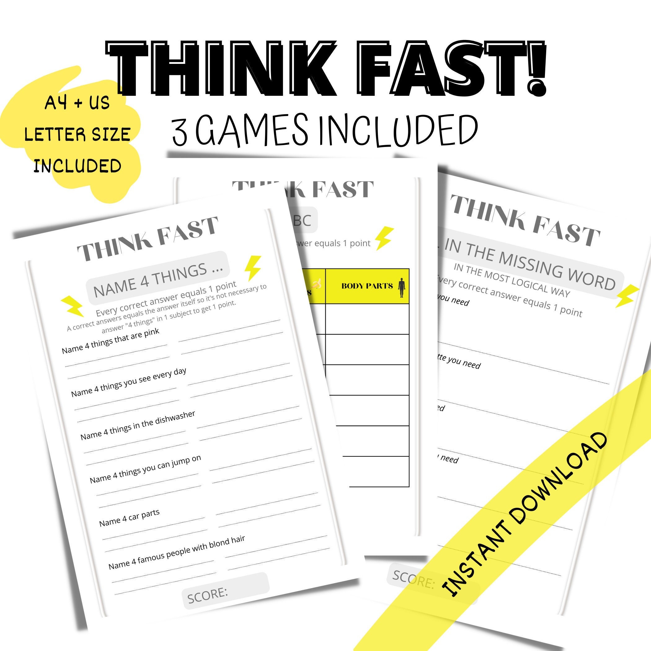 Think Fast Printable Instant Download Game for Family Night | Party ...