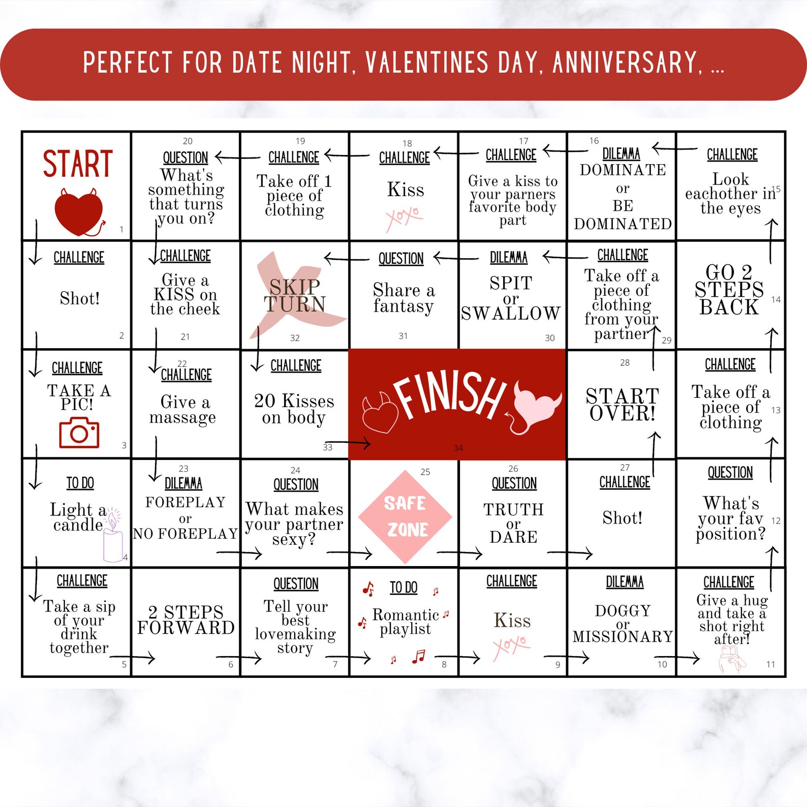 Couples Board Drinking Game Printable Date Night Activity Couples Game ...