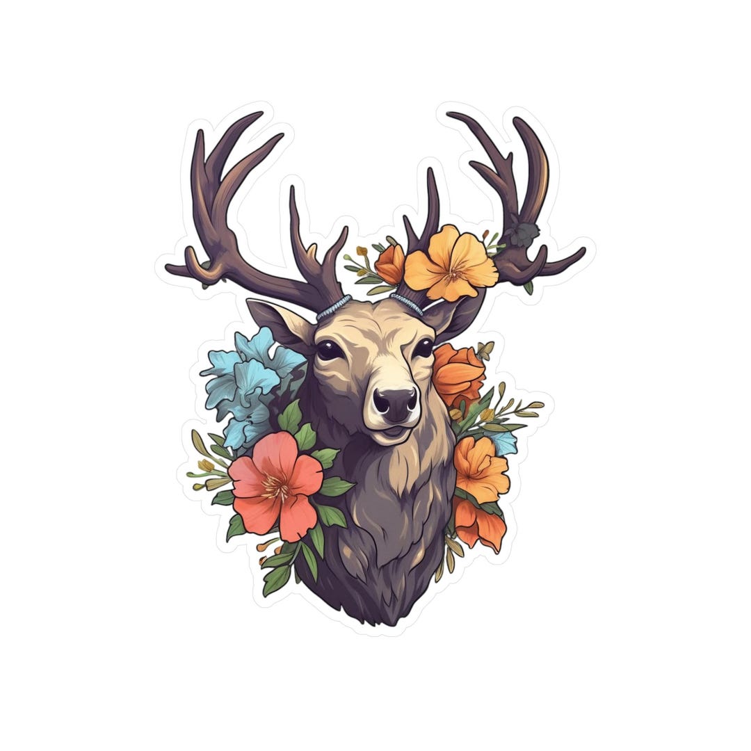 Elk and Flowers Kiss-cut Vinyl Decal Sticker Nature Inspired Decor ...