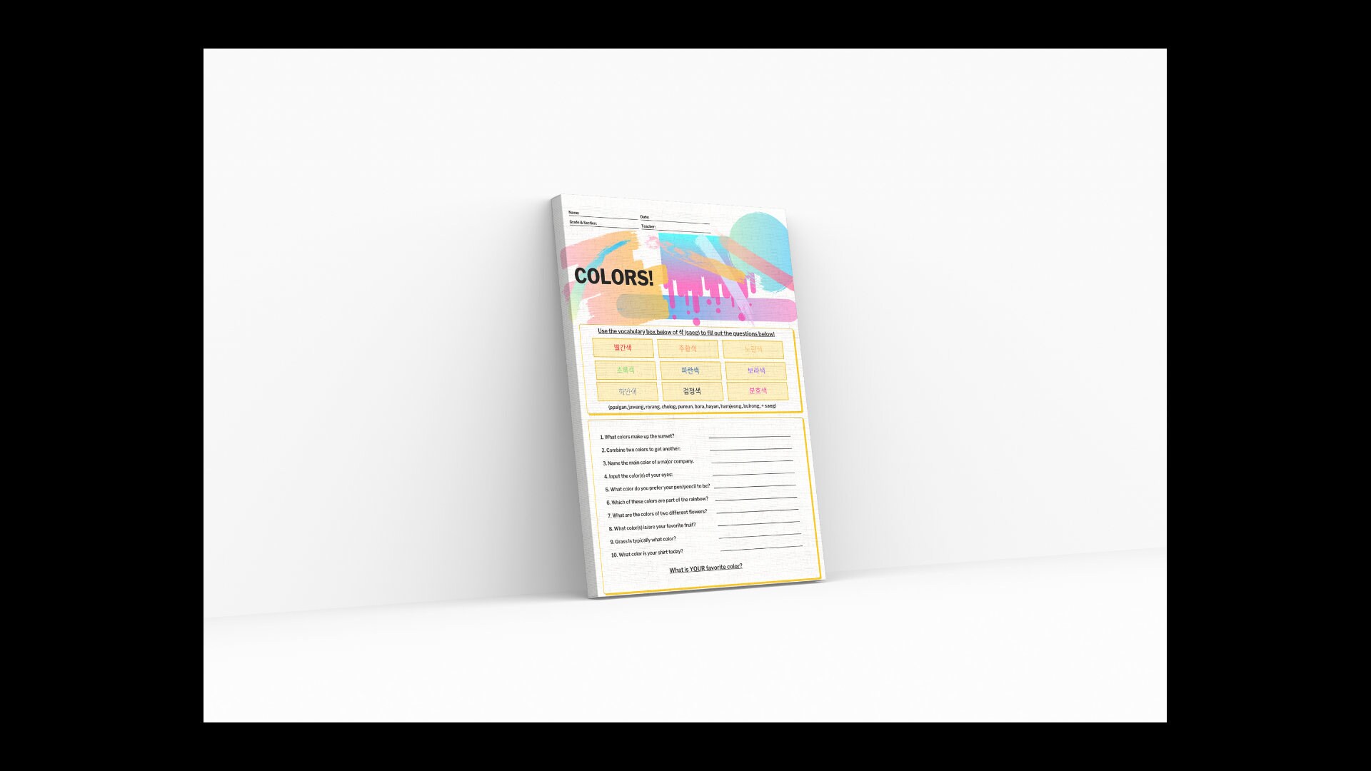 Colors Korean Worksheet Digital Download Teachers & Student Png Jpg Svg ...