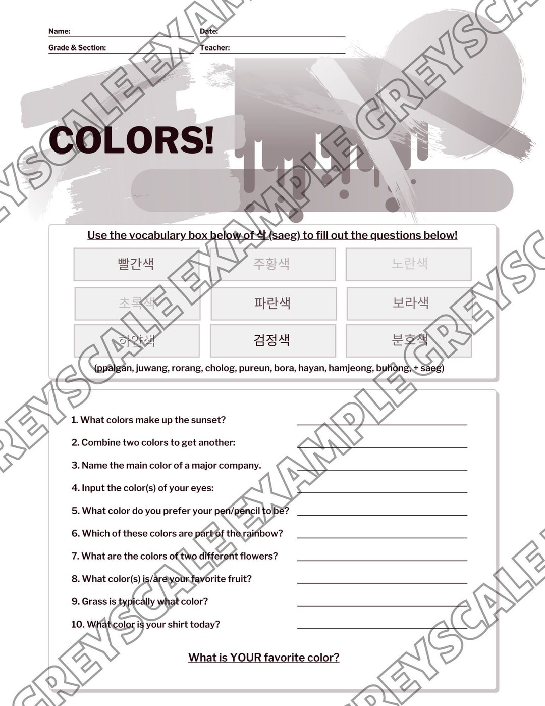 Colors Korean Worksheet Digital Download Teachers & Student Png Jpg Svg ...