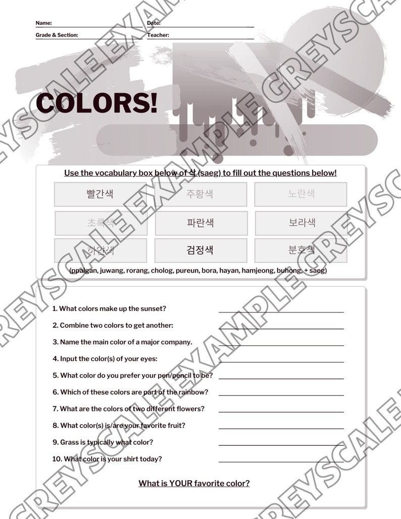 Colors Korean Worksheet Digital Download Teachers & Student Png Jpg Svg ...