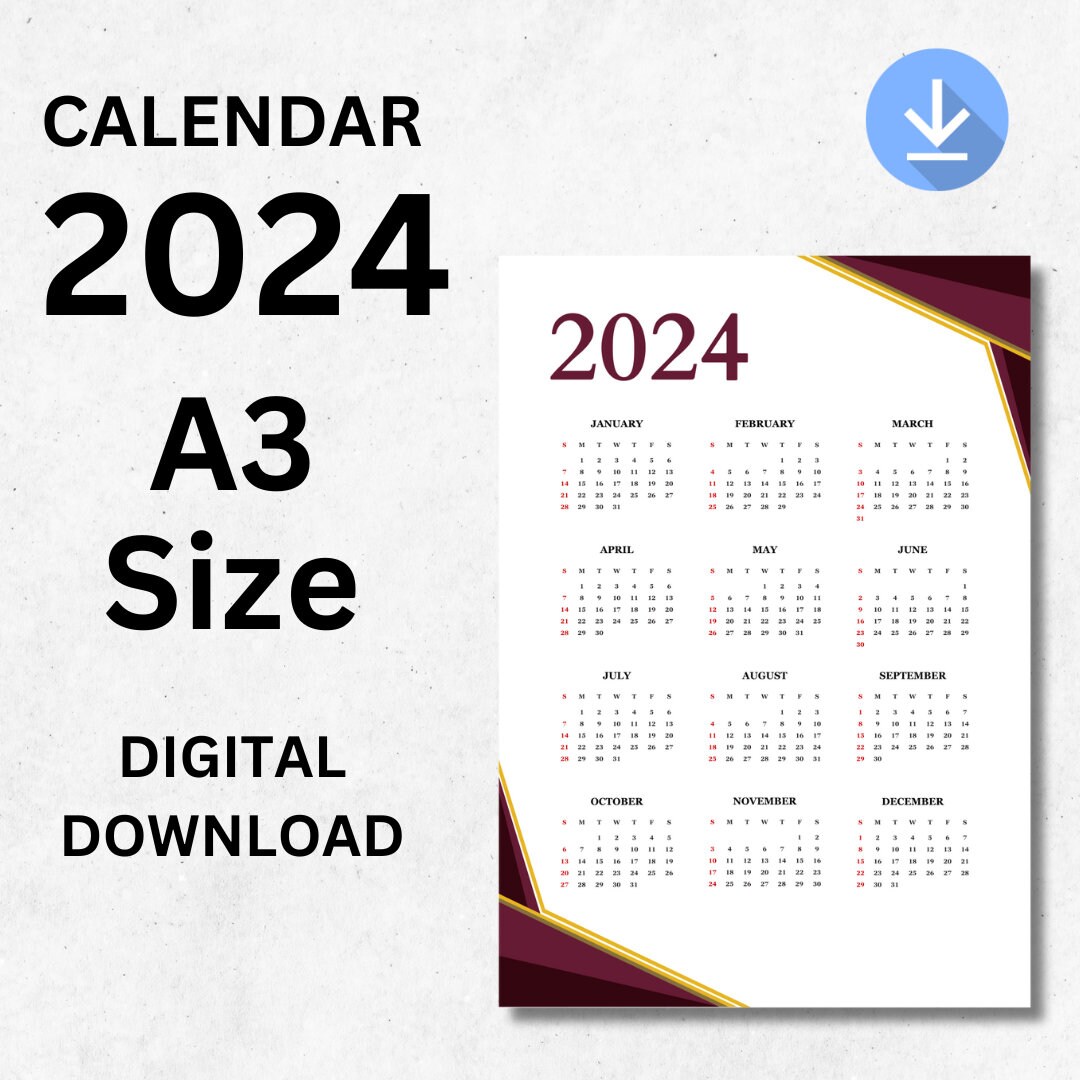 2024 Minimalist Calendar A3 Size, PNG & PDF, Instant Download Stay ...
