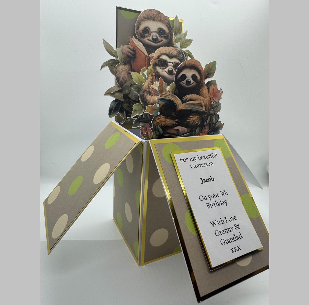 Personalised Sloth Pop up Box Card - Sloth & Books Birthday Card ...
