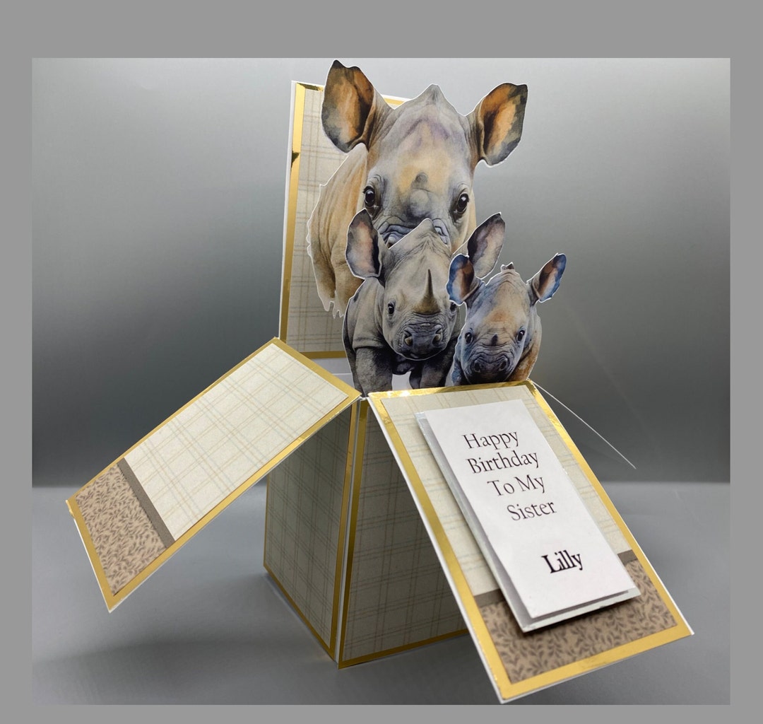 Personalised Rhino Pop up Box Card - Rhinoceros Birthday Card ...
