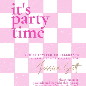 Birthday Invitation Modern fun Custom Template Pink Checkerboard ...