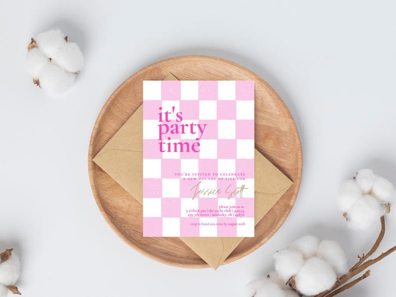Birthday Invitation | Modern +fun | Custom Template | Pink Checkerboard ...