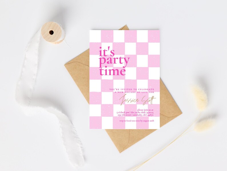 Birthday Invitation | Modern +fun | Custom Template | Pink Checkerboard ...