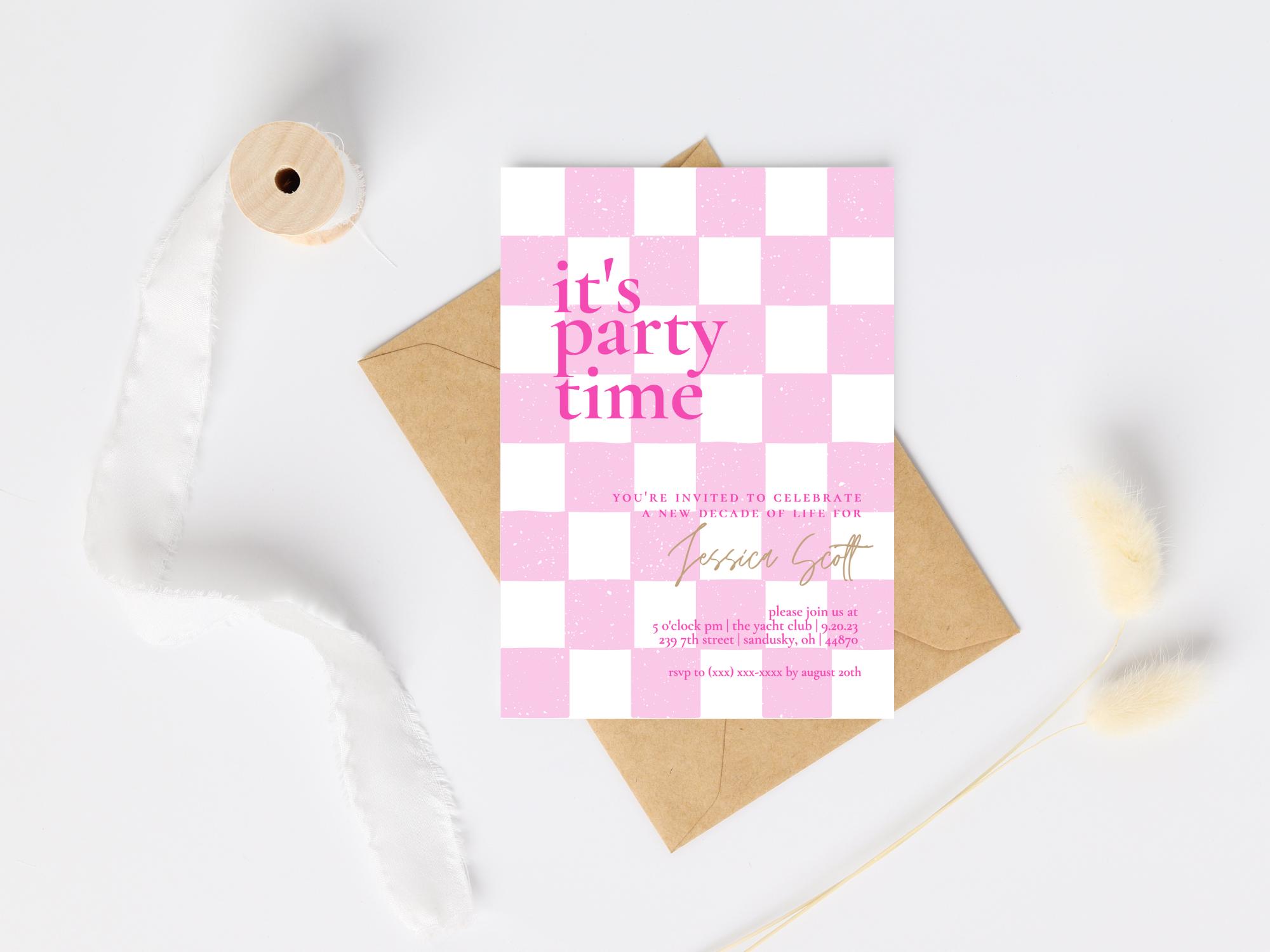Birthday Invitation | Modern +fun | Custom Template | Pink Checkerboard ...