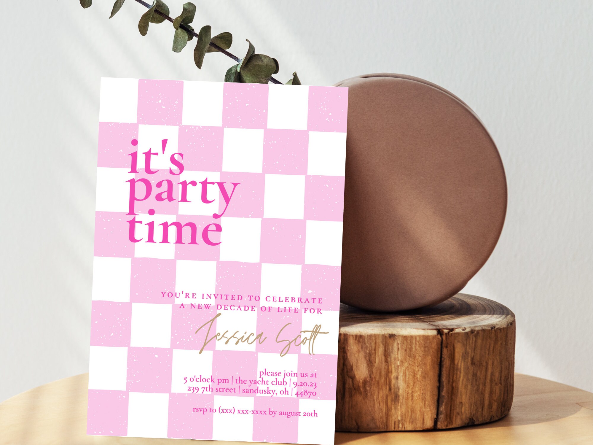 Birthday Invitation | Modern +fun | Custom Template | Pink Checkerboard ...